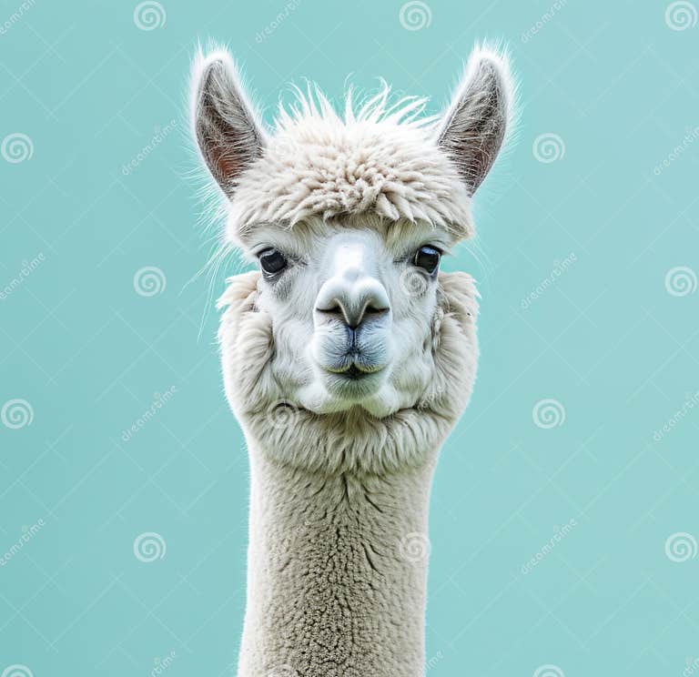 A White Alpaca S Face is Standing in Front of a Blue Background Stock ...