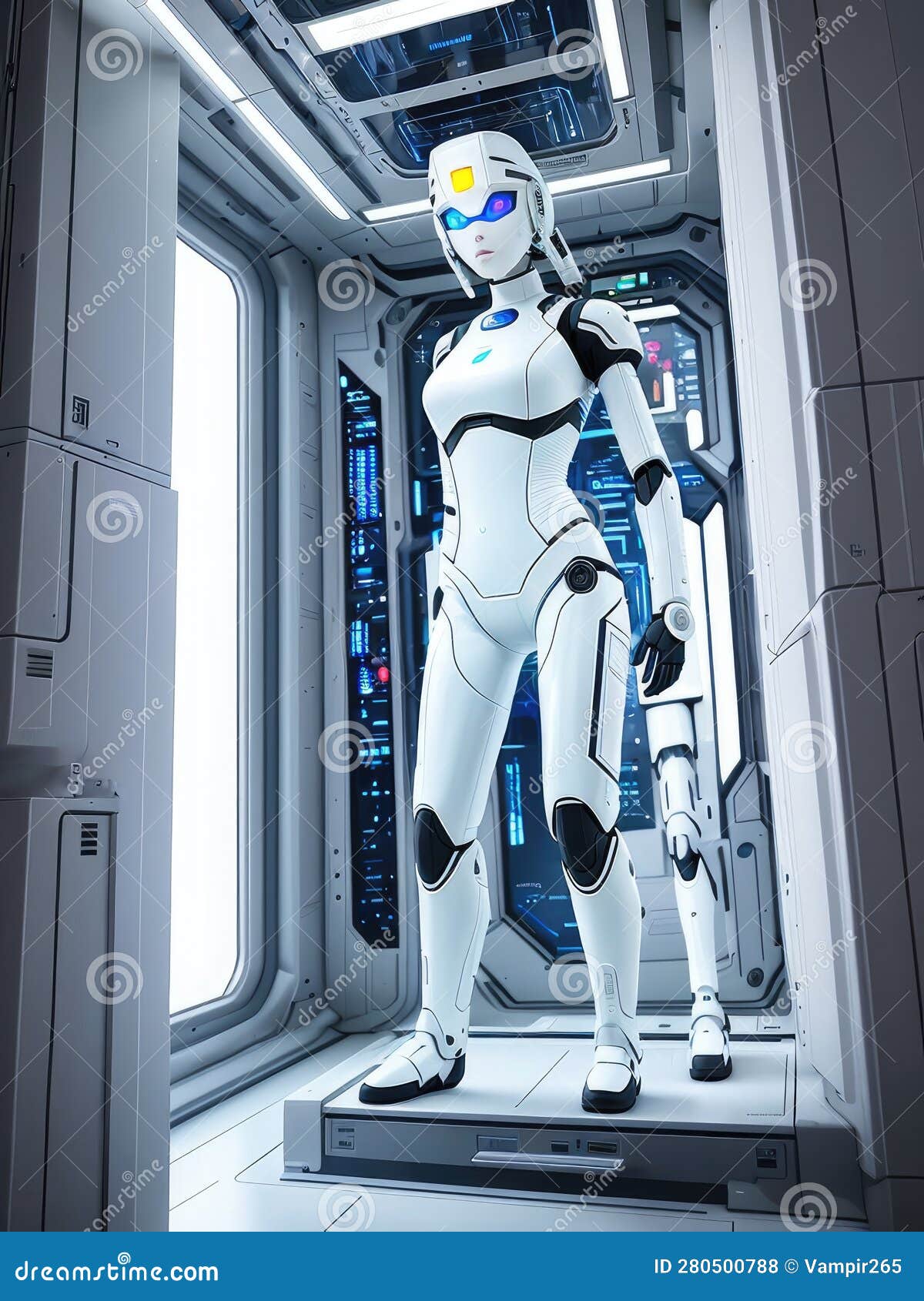 A White Android in the Interior of a Spaceship. Generative by AI Stock ...
