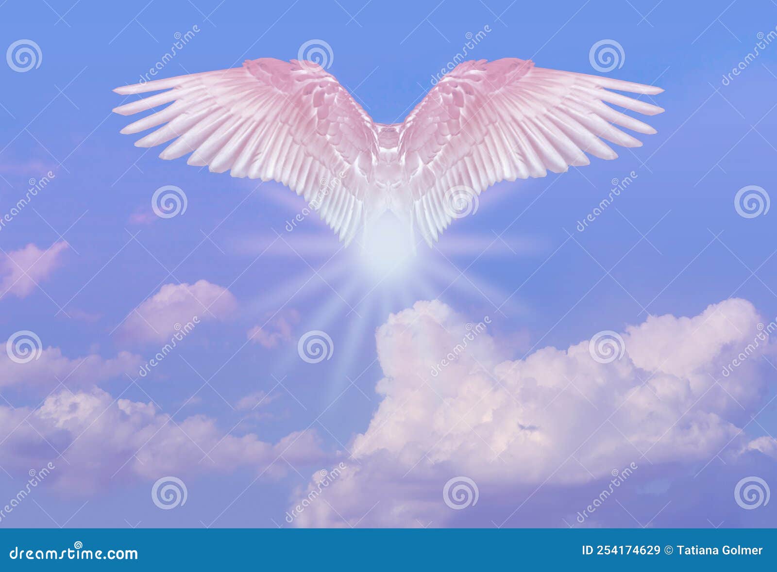 White Angel Flies in Sky Gradient, Fluffy Clouds, Postmortal Transition ...