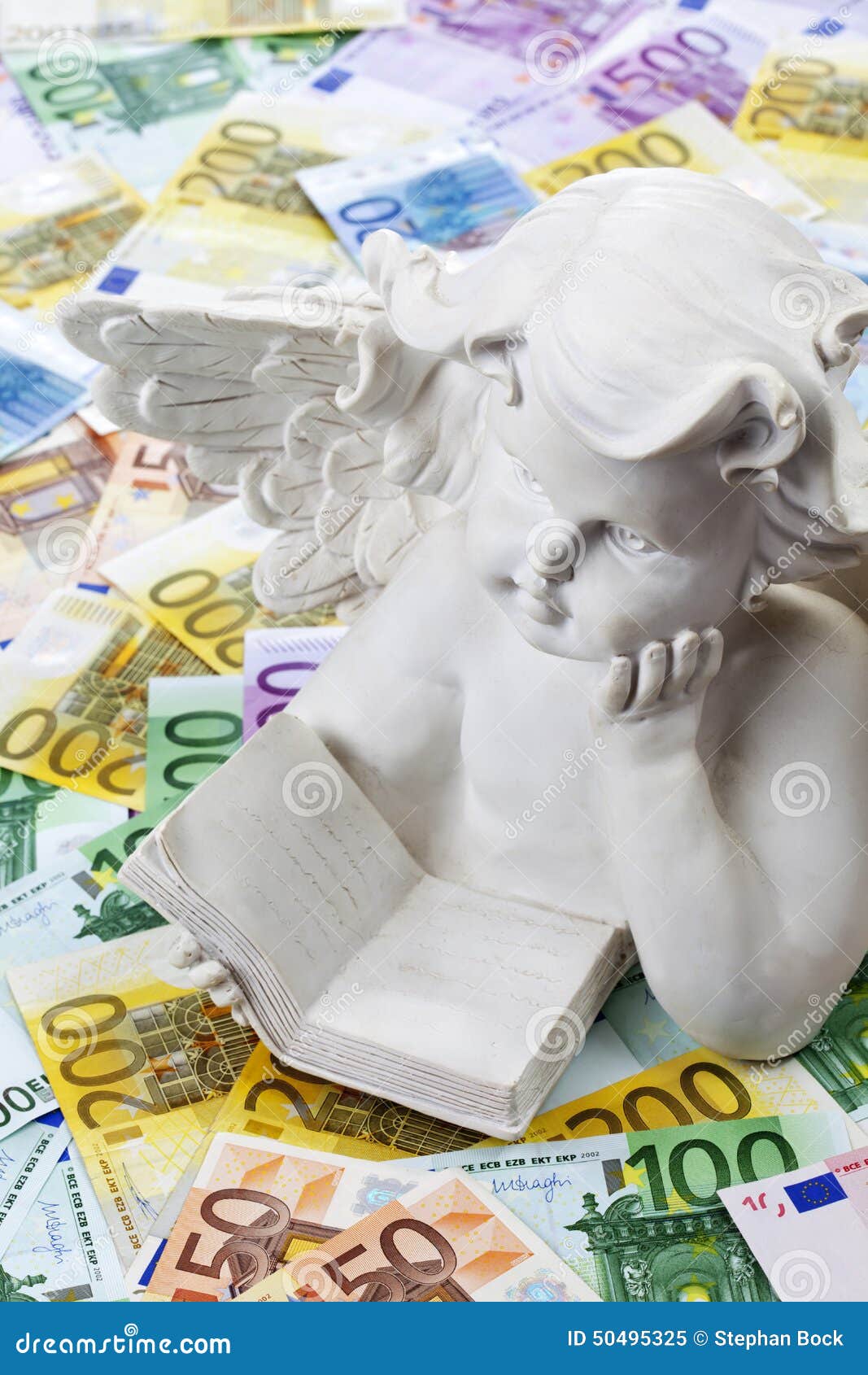 White Angel Sculpture on Heap of Euro Notes Stock Image - Image of ...