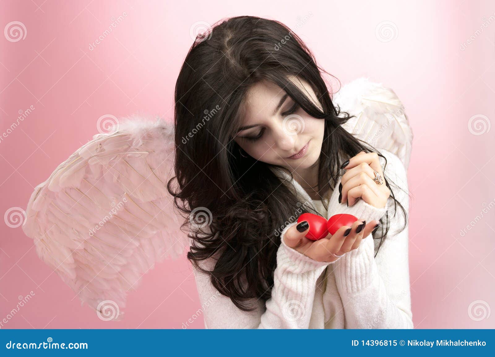 White Angel with Two Hearts Stock Image - Image of long, angel: 14396815