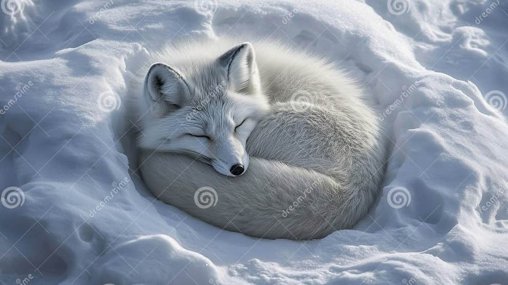 A White Arctic Fox Curled Up Sleeping in the Snow Stock Illustration ...
