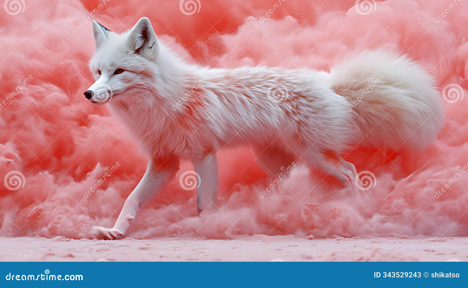A White Arctic Fox Walks through a Cloud of Pink Smoke Stock ...