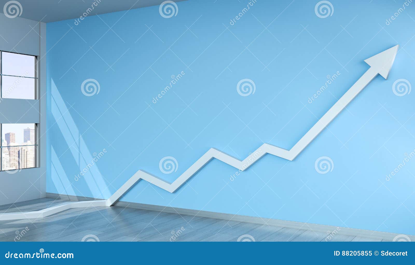White Arrow Going Up on Blue Wall 3D Rendering Stock Illustration ...