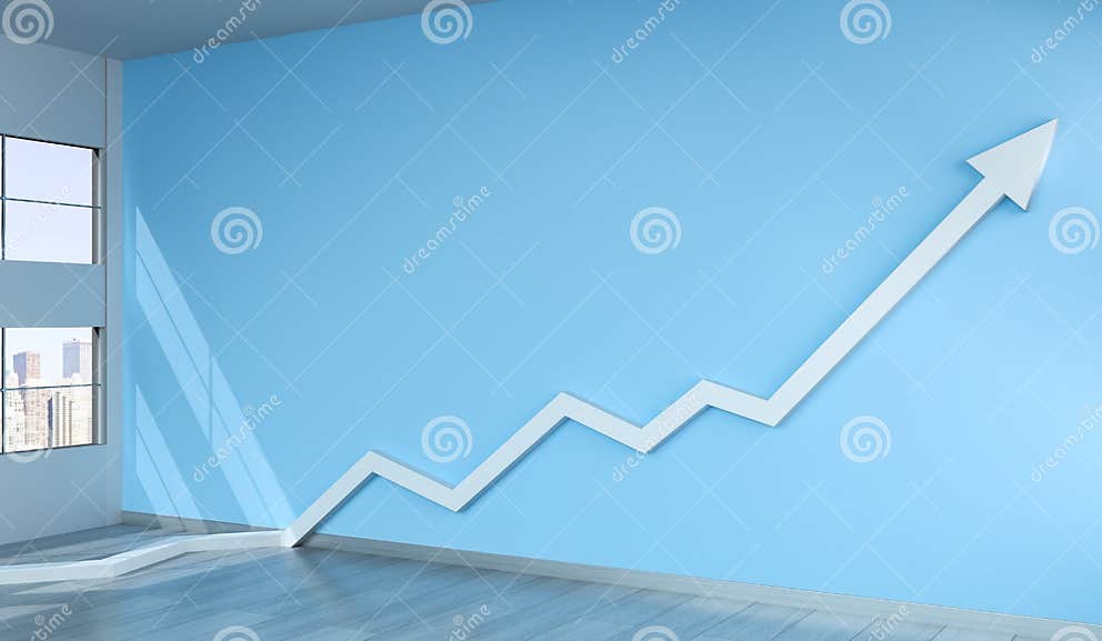 White Arrow Going Up on Blue Wall 3D Rendering Stock Illustration ...