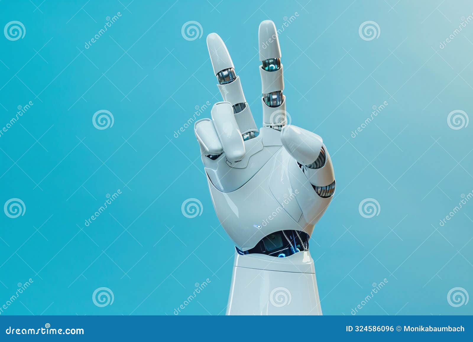 White Artificial Intelligence Robot Hand Showing Peace Sign on Blue ...