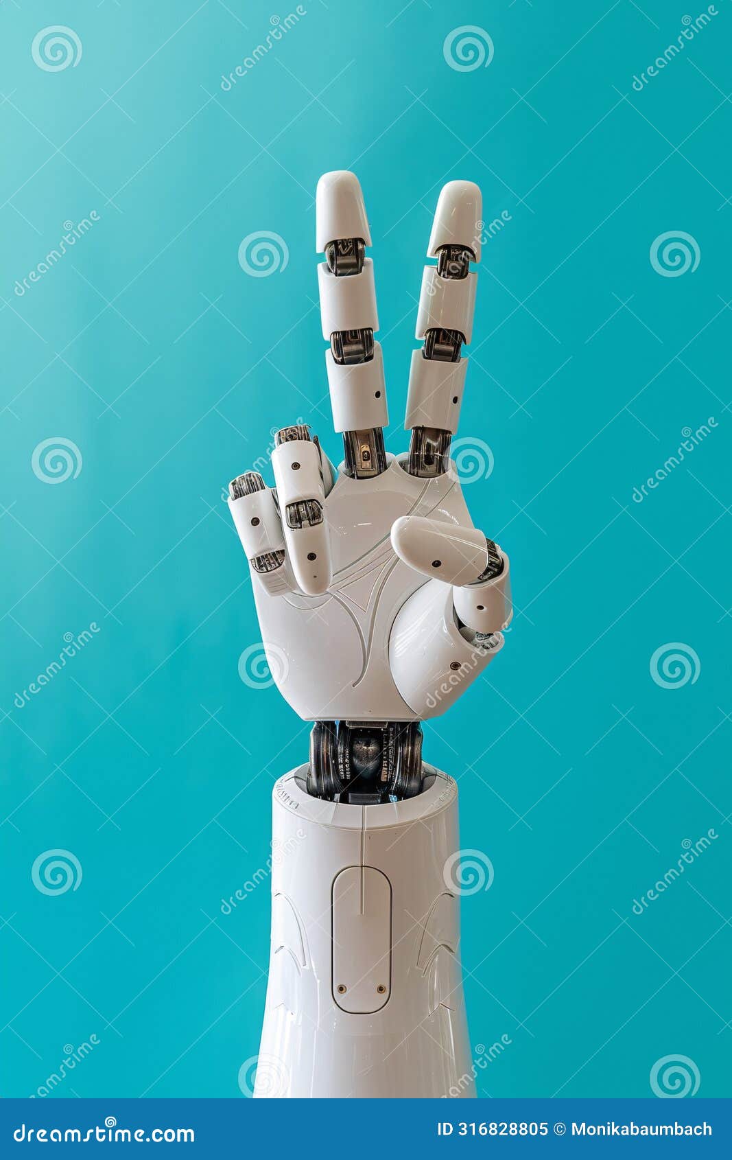 White Artificial Intelligence Robot Hand Showing Peace Sign on Teal ...