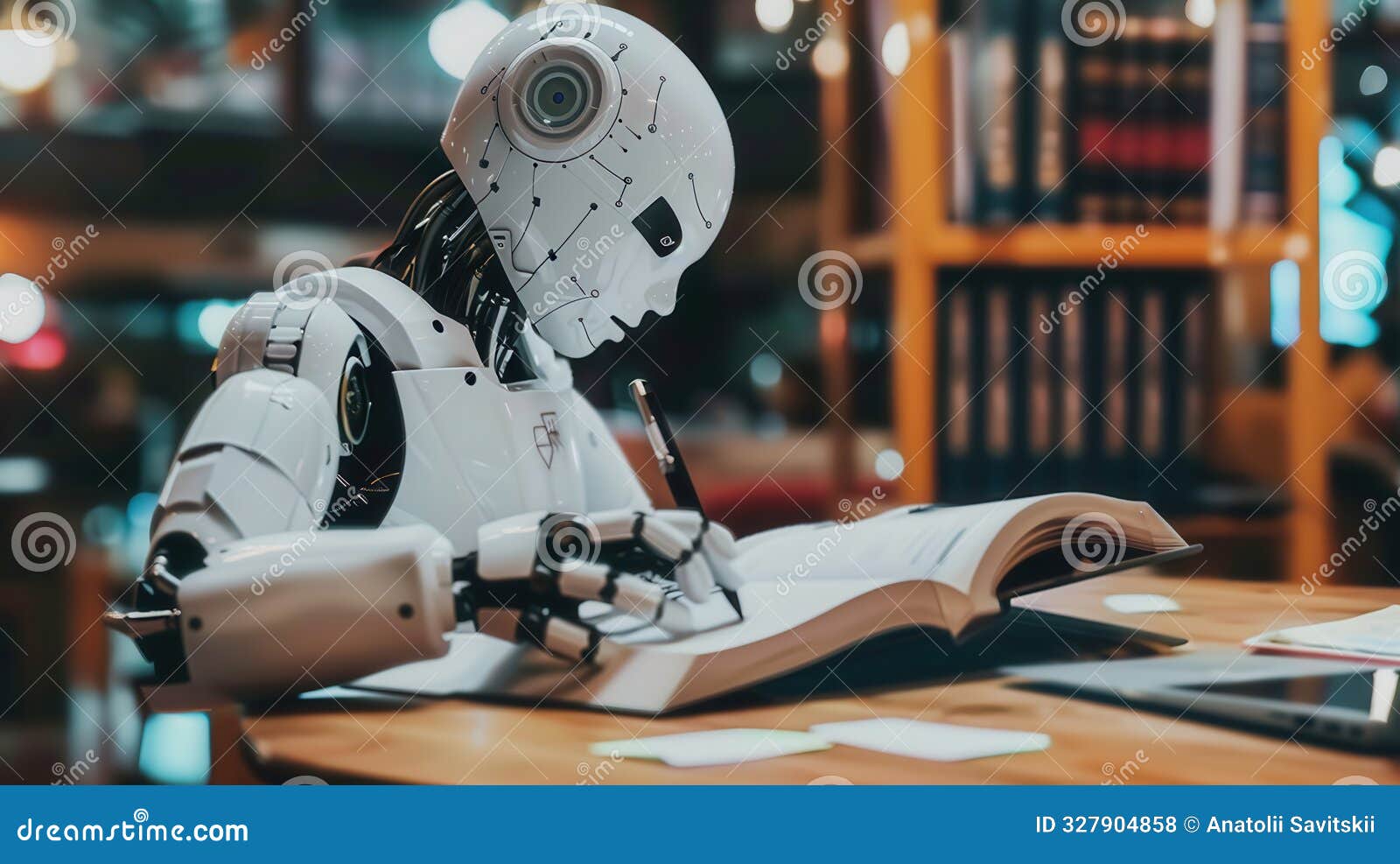 A White Artificial Intelligence Robot Sits at a Desk in a Library ...