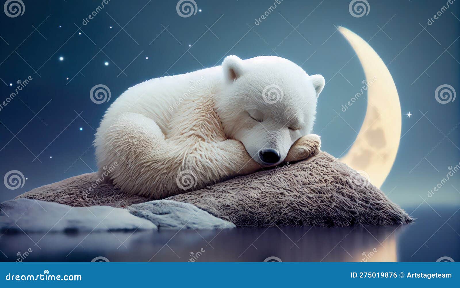 White Baby Bear Sleeping on Half Moon Choldrens Stor. Al Generated ...