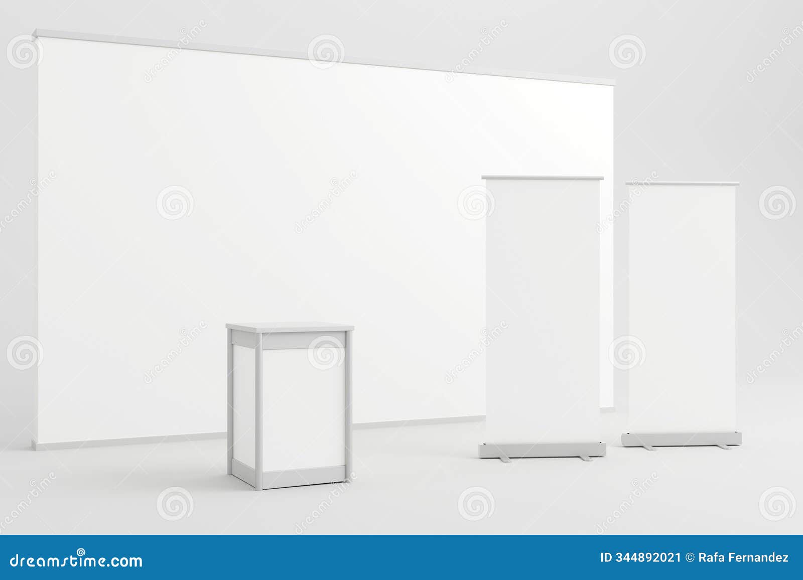 White Backdrop with Display Counter and Two Blank Roll-up Banners Stock ...