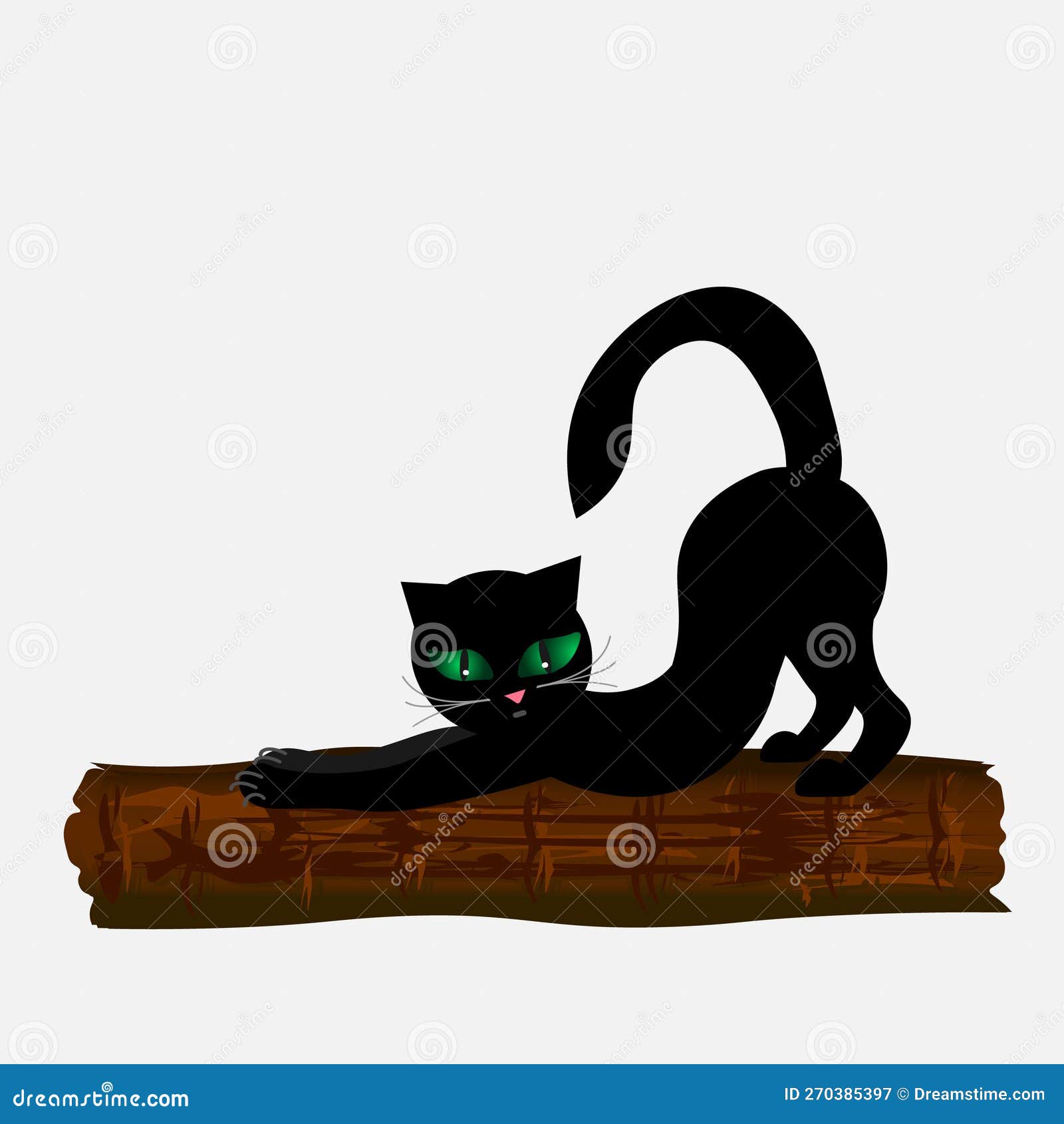 On A White Background A Black Cat With Huge Green Eyes Stands On A Log
