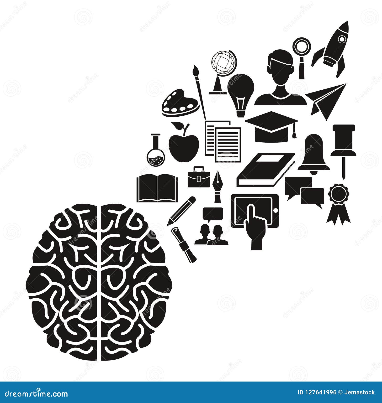 White Background with Black Silhouette of Brain Human with Floating ...