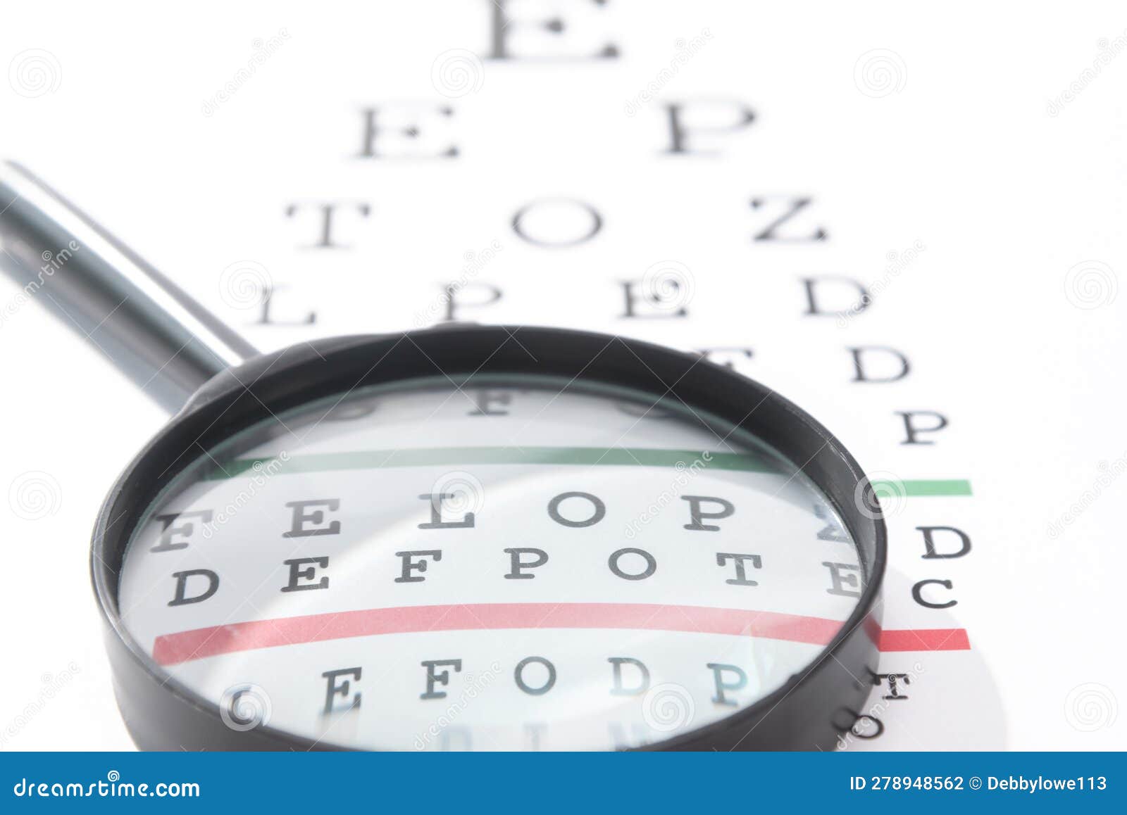 White Background with an Eye Exam Chart and a Magnifying Glass. Stock ...