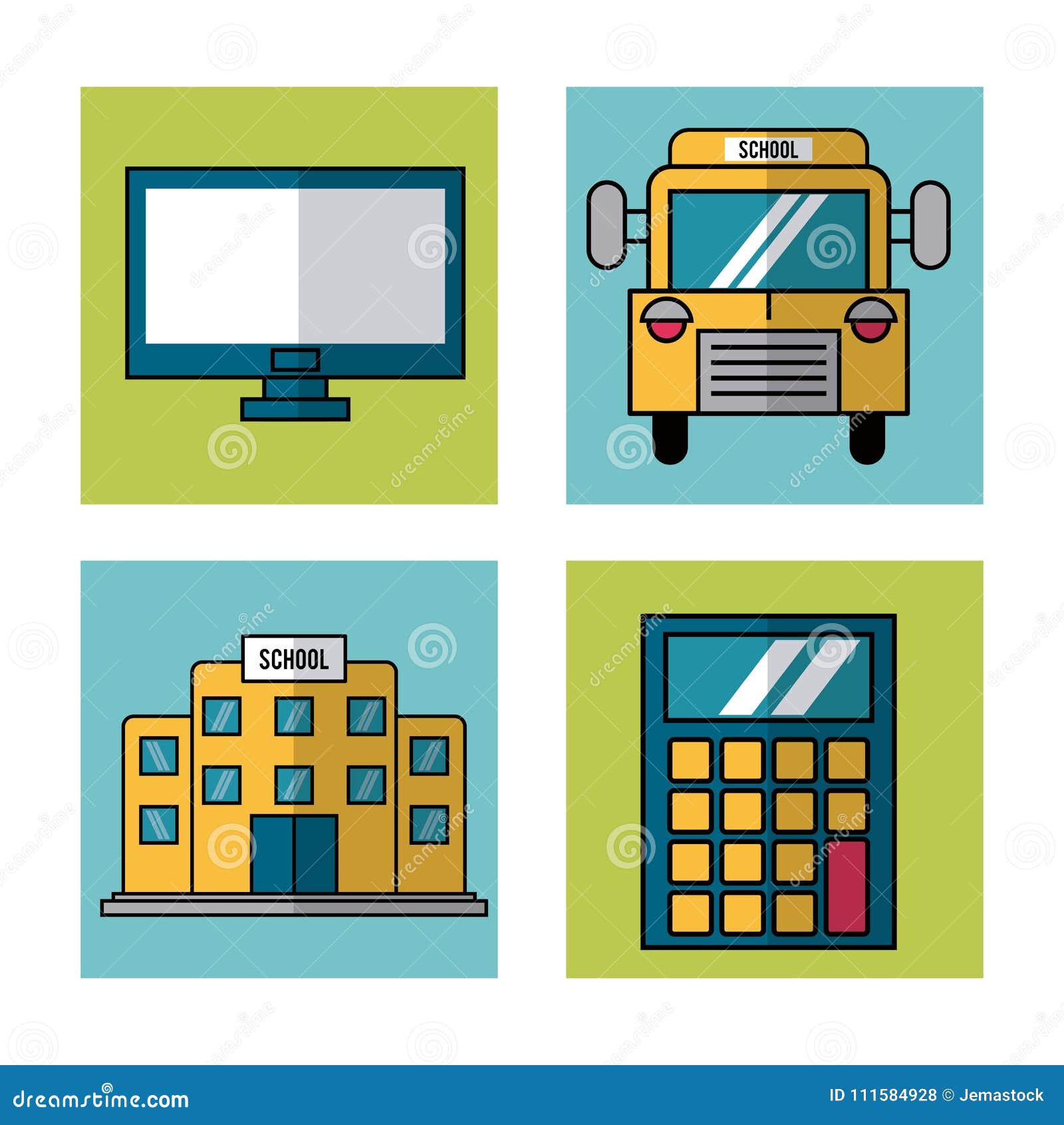 White Background With Frames Of School Elements Bus And Computer And ...