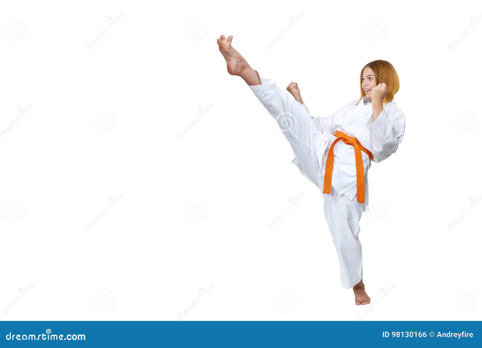 On a White Background the Girl Beats a High Kick Stock Photo - Image of ...