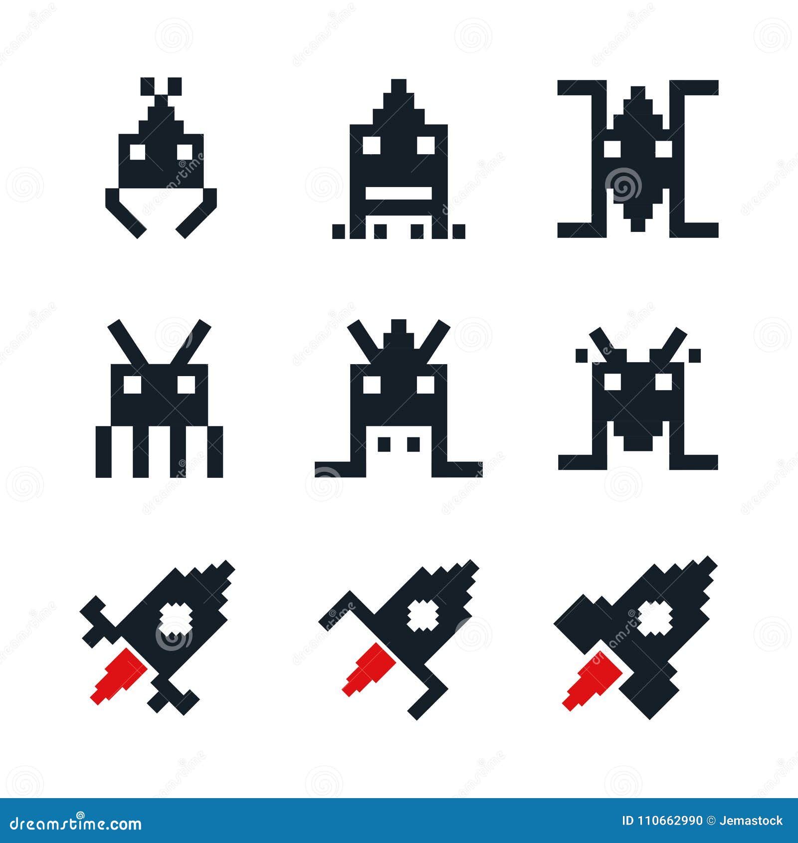 White Background with Icons Space Aliens and Spatial Rocket Old Arcade ...