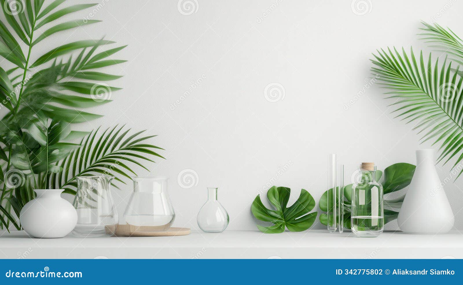 White Background with Lab Glassware Equipment and Leaves Product ...