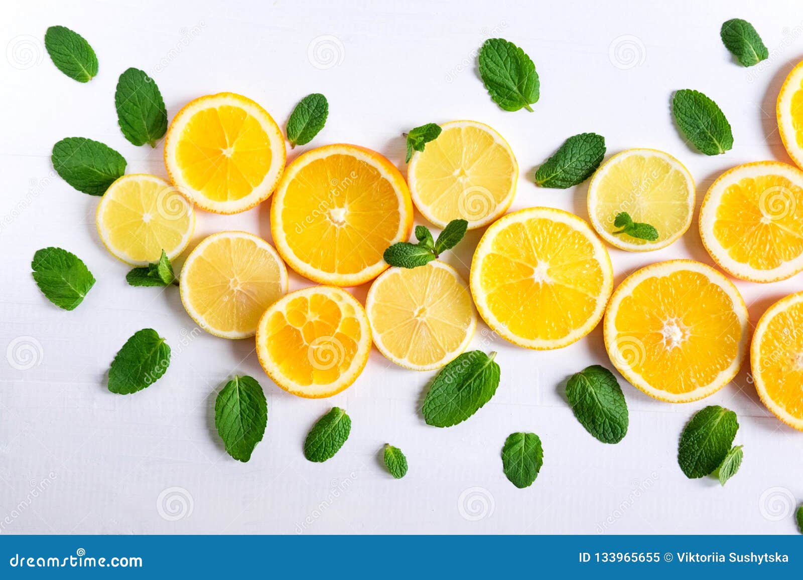 White Background with Lemon, Orange Slices and Mint. Concept with Fresh ...