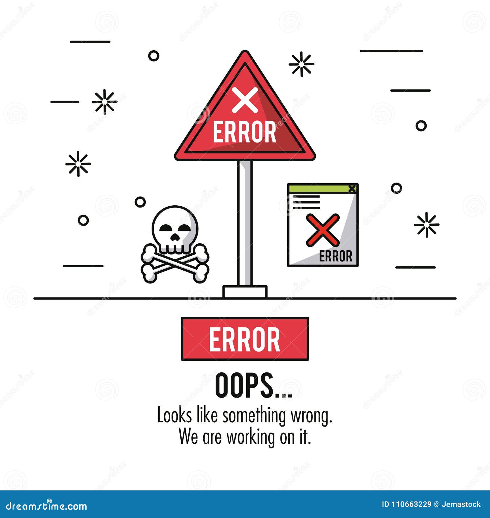 White Background with Red Triangle Road Sign Error and Skull and Bones ...