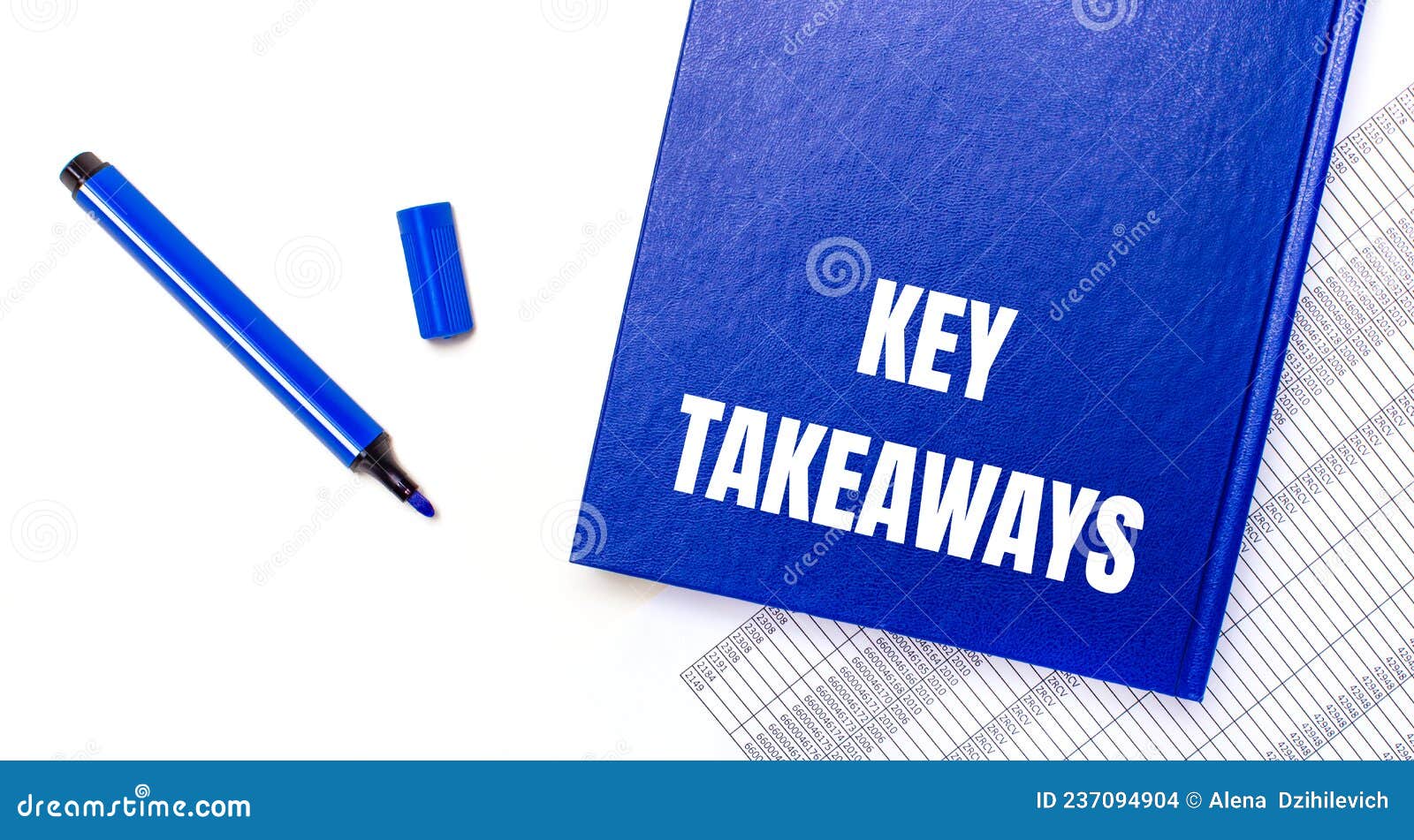 On a White Background Reports, a Blue Pen and a Blue Notebook with the ...