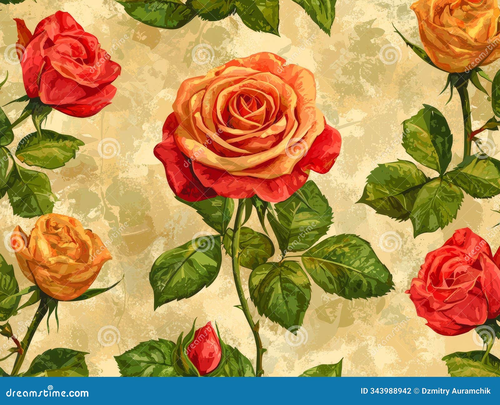 On a White Background, Roses and Vines are Painted in Floral Patterns ...