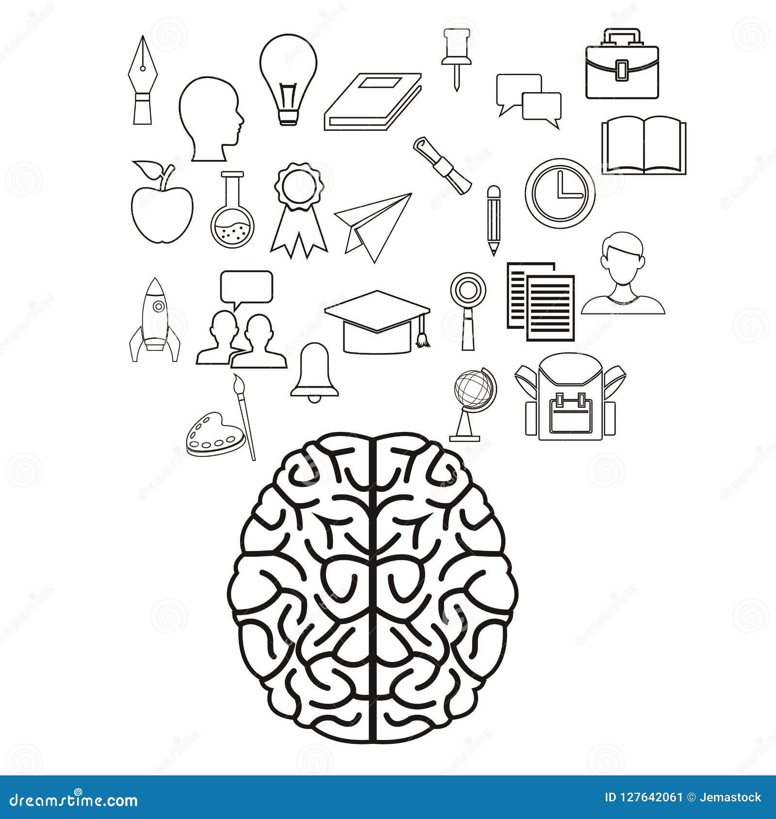 White Background with Sketch Contour Brain Human with Elements Academic ...