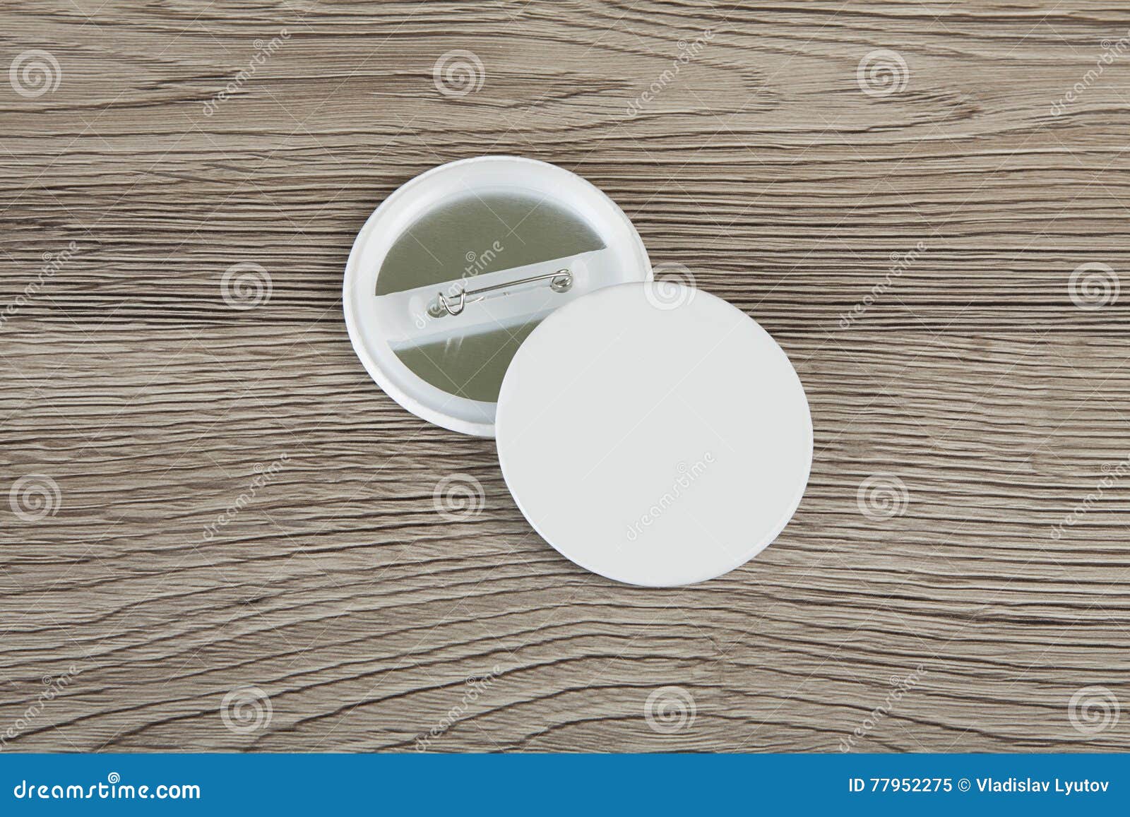 White Badges Front and Back View on a Wooden Background. Stock Image ...