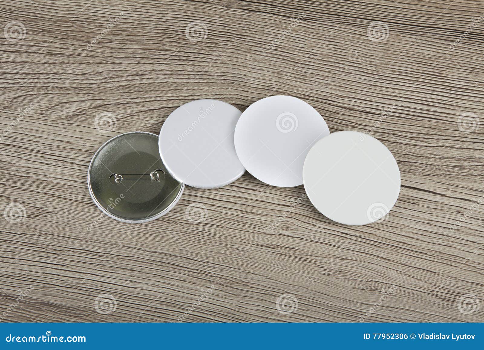 White Badges Front and Back View on a Wooden Background. Stock Photo ...