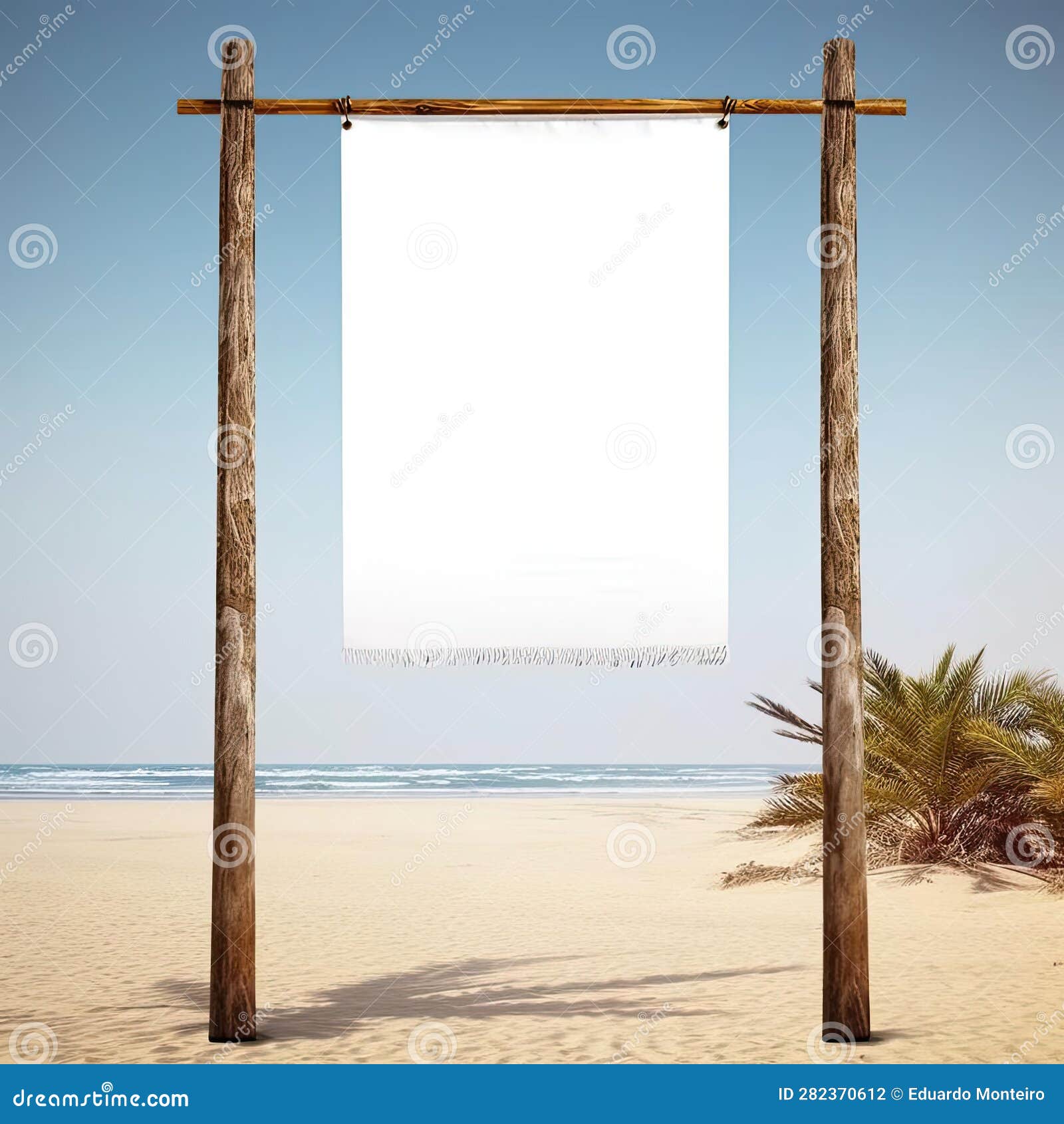 White Banner Hanging from Wooden Pole on Sandy Beach Stock Illustration ...