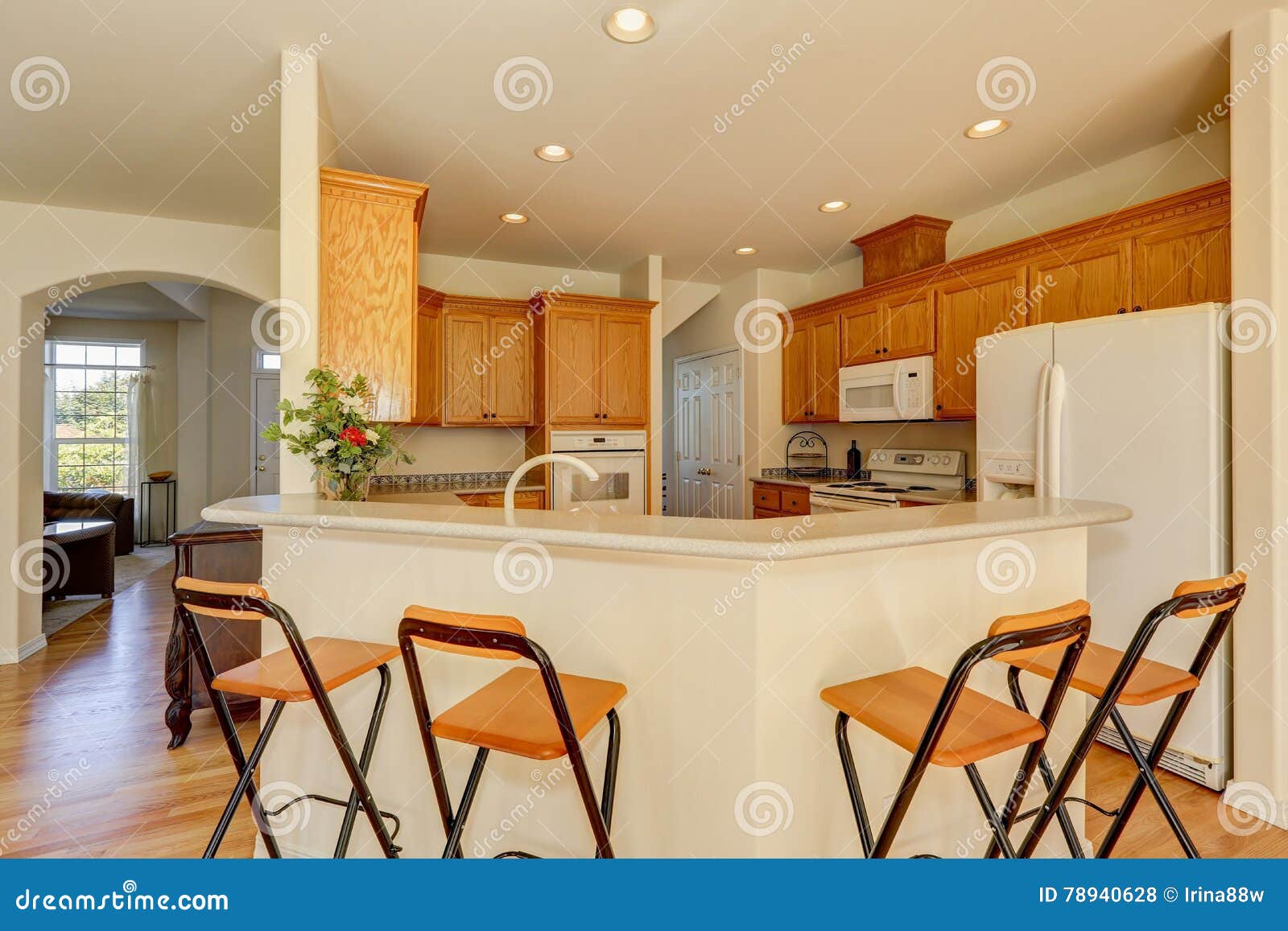 White Bar Counter with Stools. Wooden Kitchen Interior Stock Photo ...