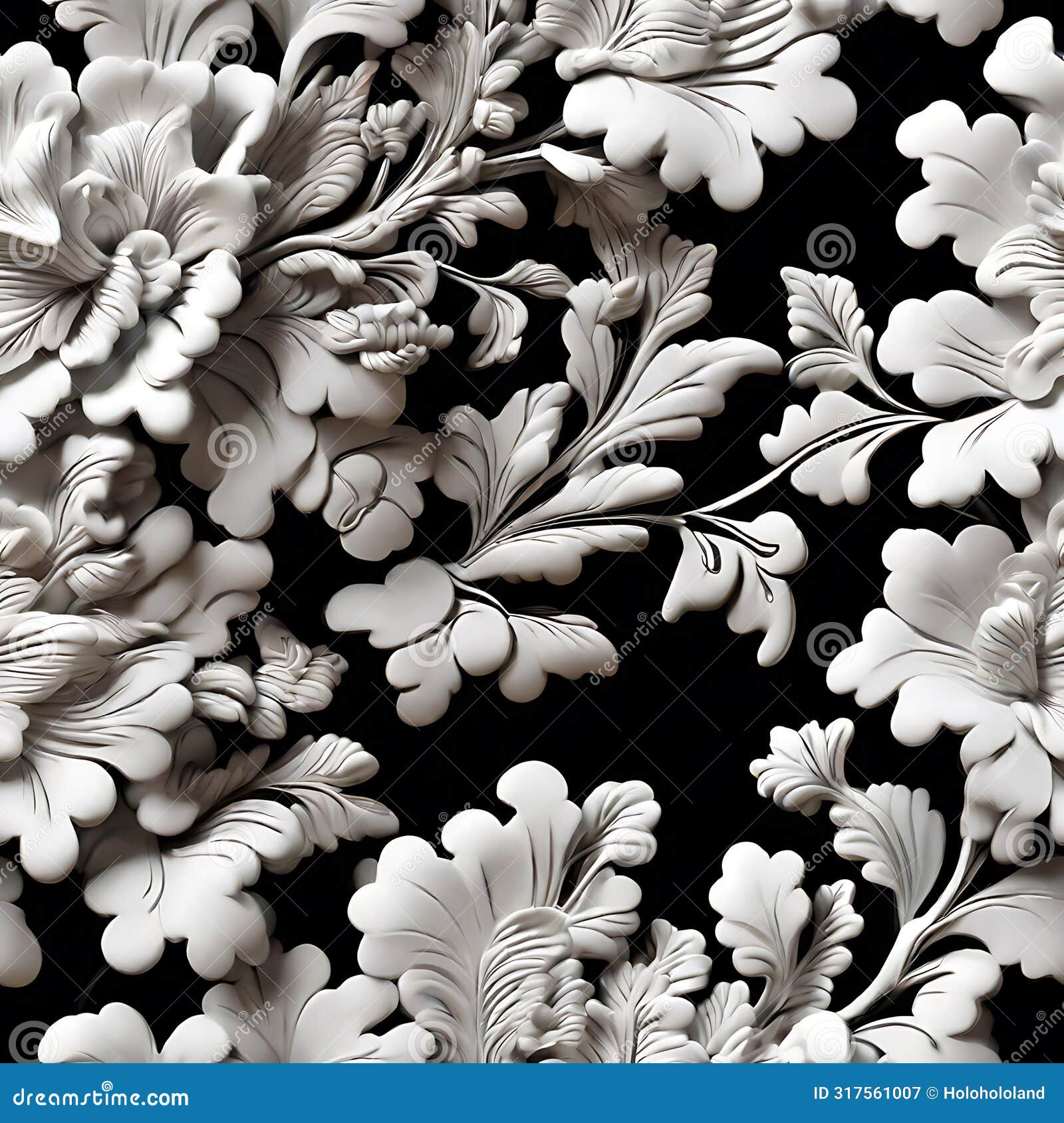 White Baroque Fabric Seamless Pattern on Black Background Stock Image ...