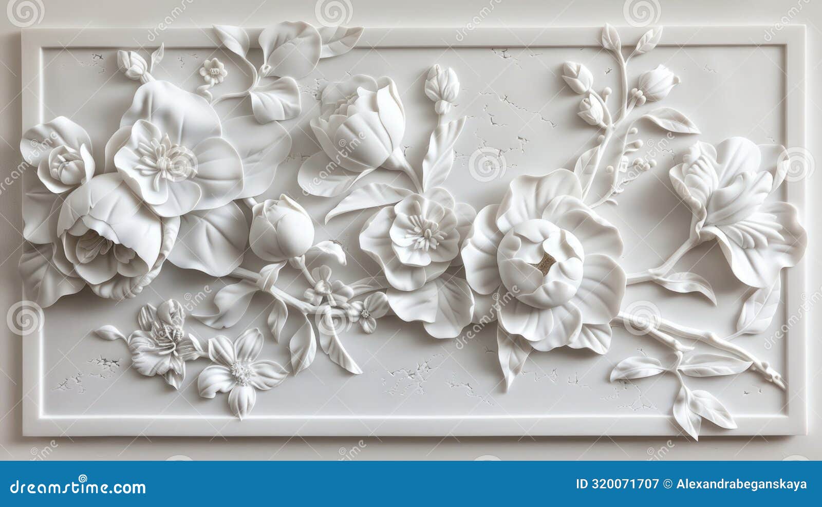 White Bas-relief of Flowers on Framed Panel. 3D Wall Art and Floral ...