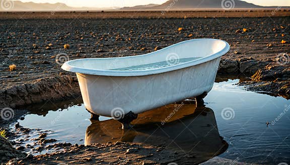 White Bath in a Puddle in the Middle of the Desert and Sand Dunes Stock ...