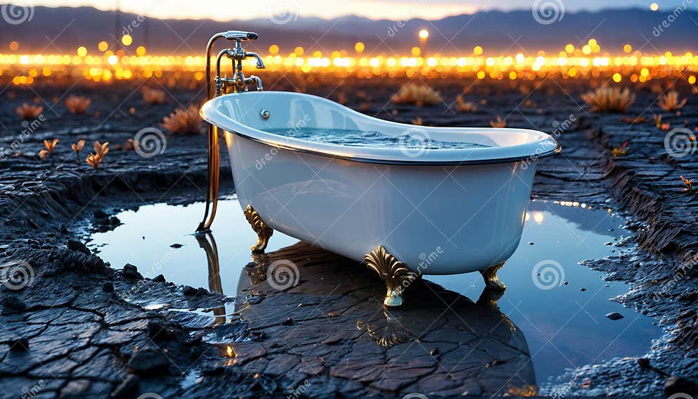 White Bath in a Puddle of Water in the Middle of the Desert at Sunset ...