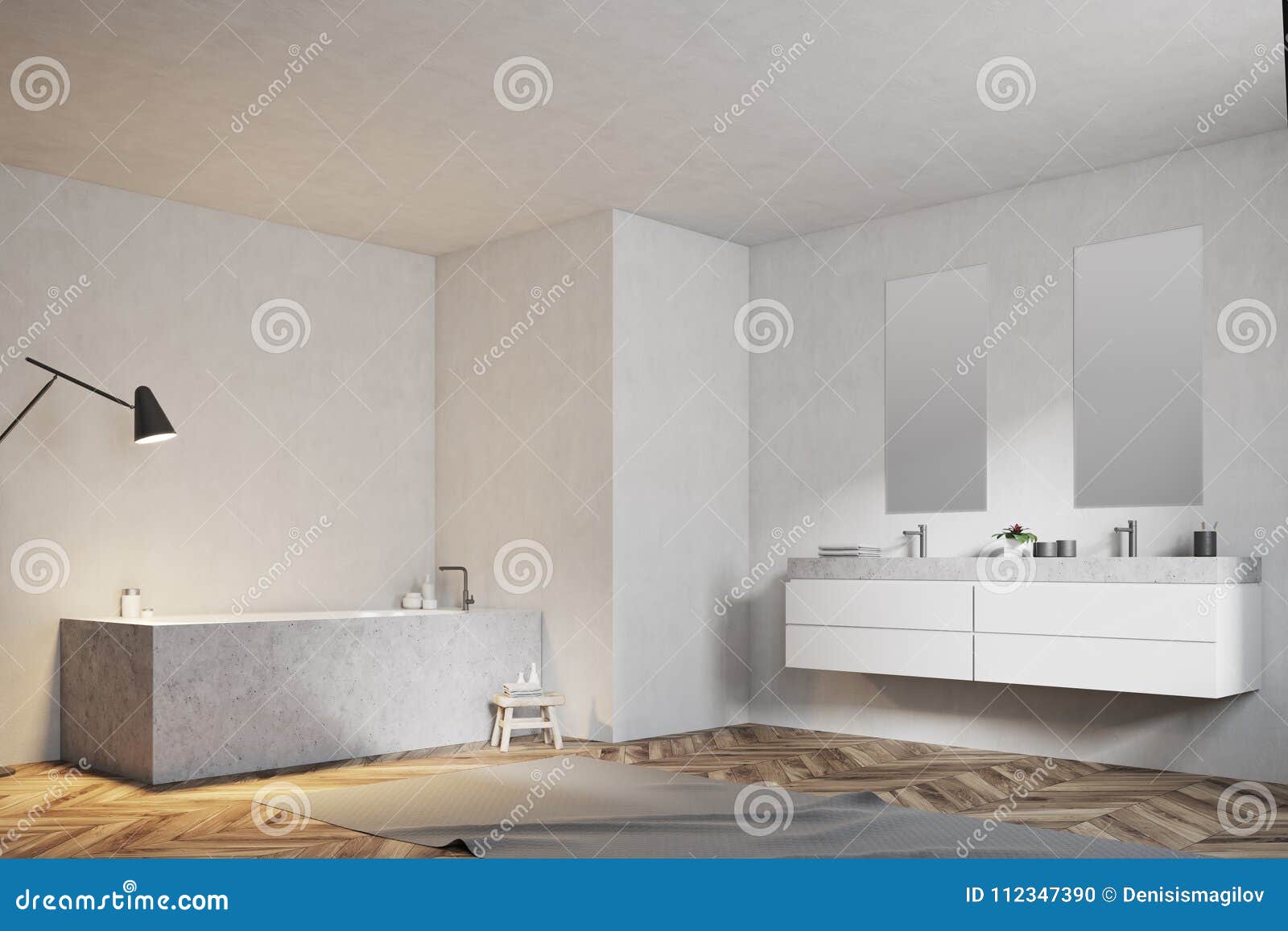 White Bathroom, Angular Tub and Sink, Side View Stock Illustration ...