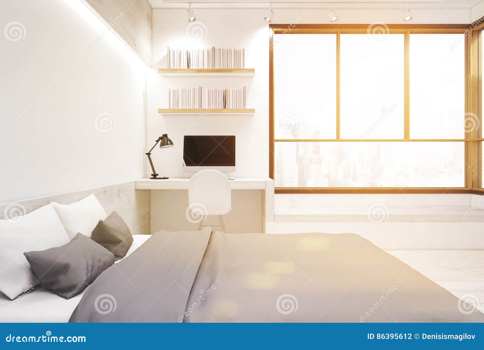 White Bedroom Interior with Computer, Toned Stock Illustration ...