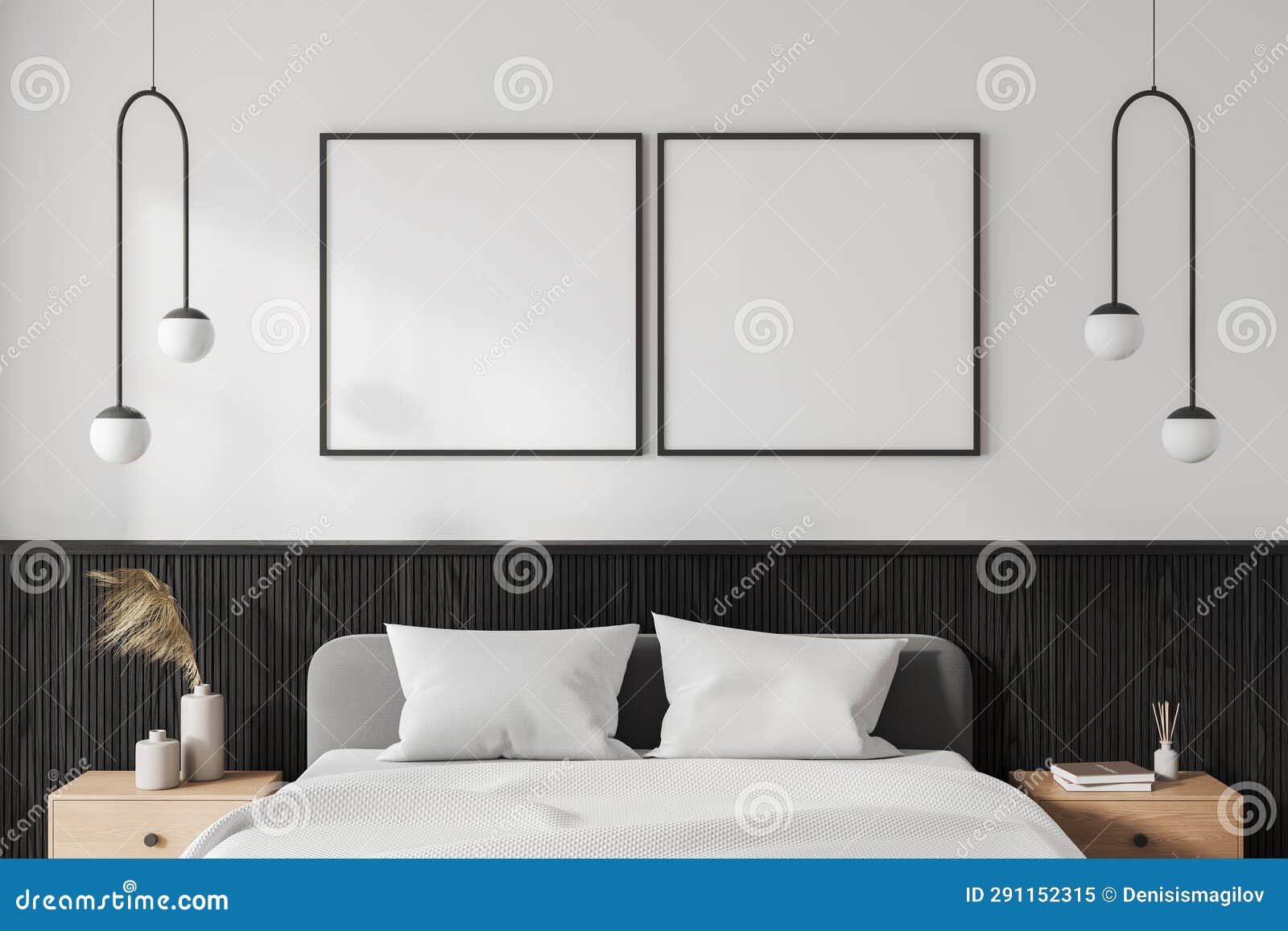 White Bedroom Interior with Two Posters Stock Illustration ...