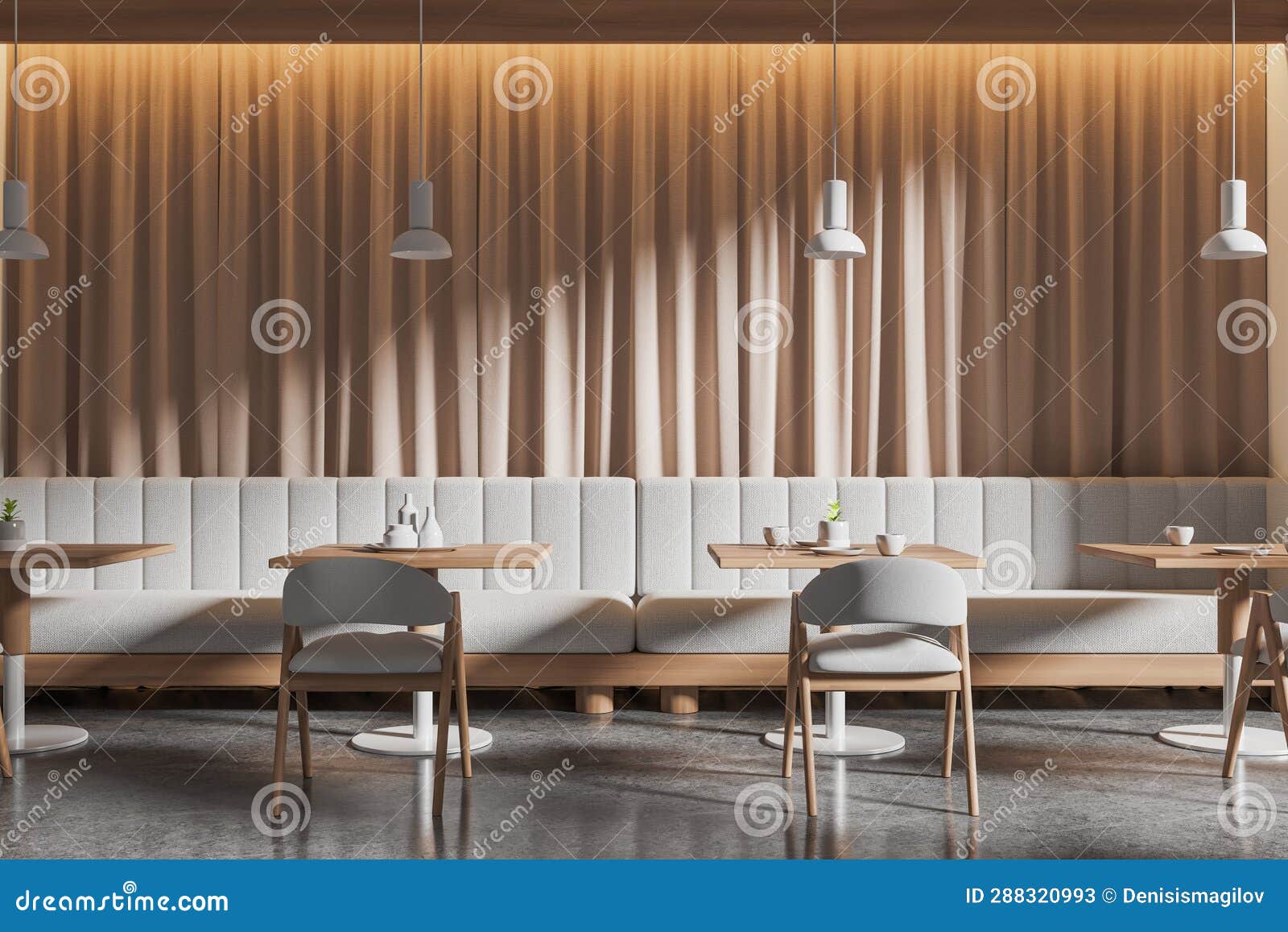White and Beige Cafe Interior with Curtains and Sofas Stock ...