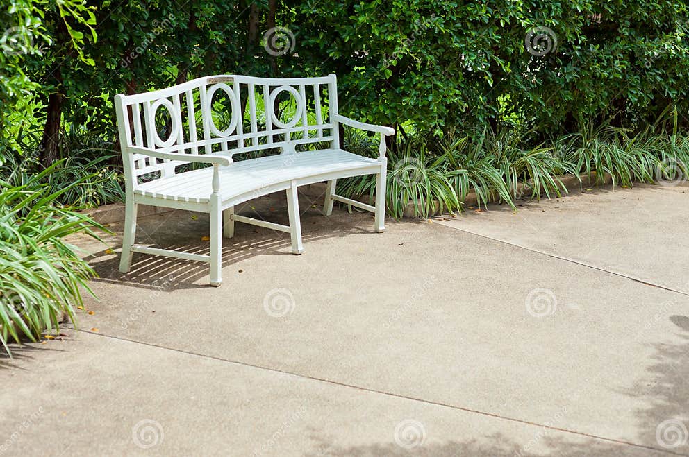 White bench in the garden stock photo. Image of background - 26216896