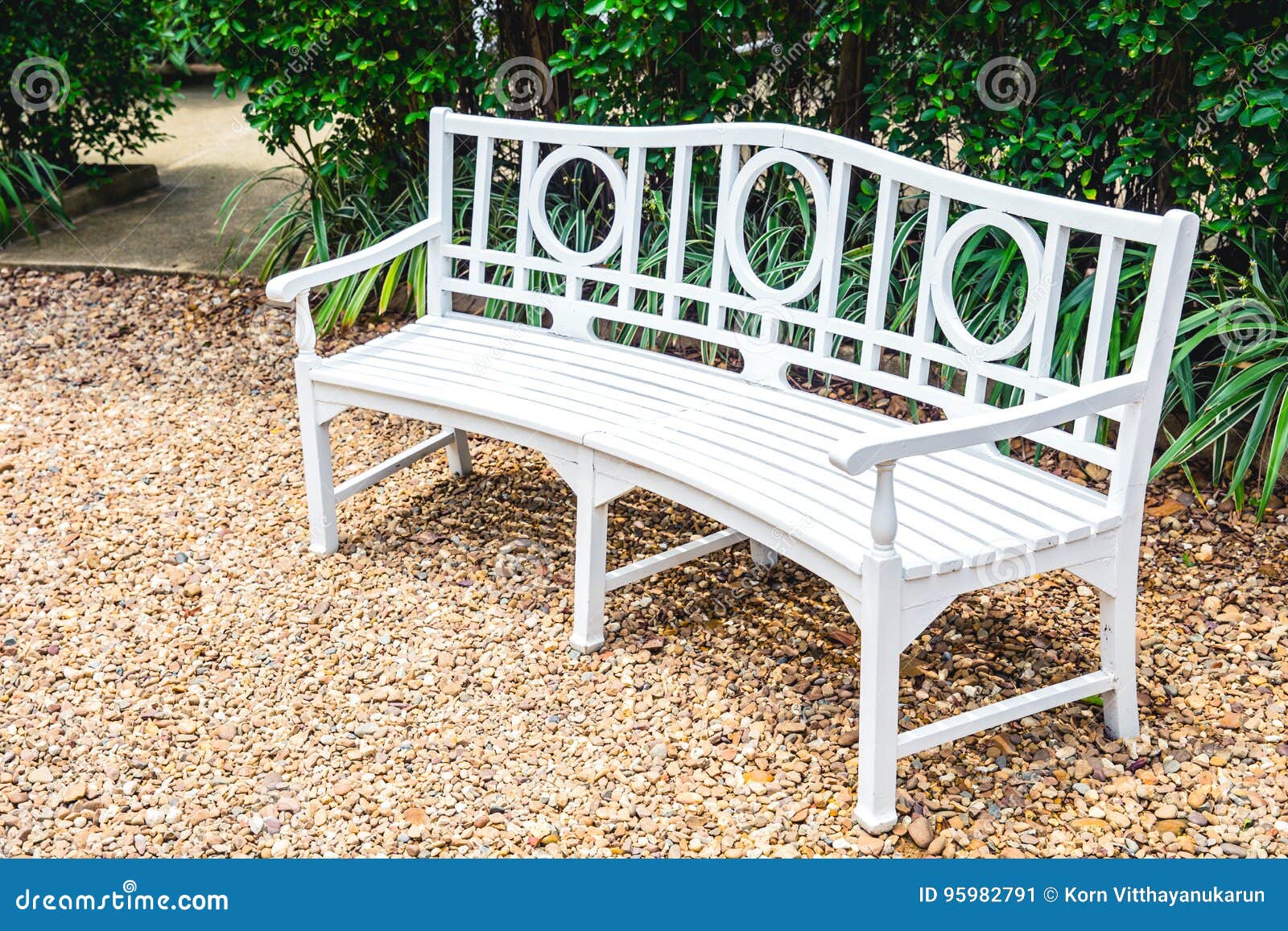 White bench in the garden stock image. Image of nature - 95982791