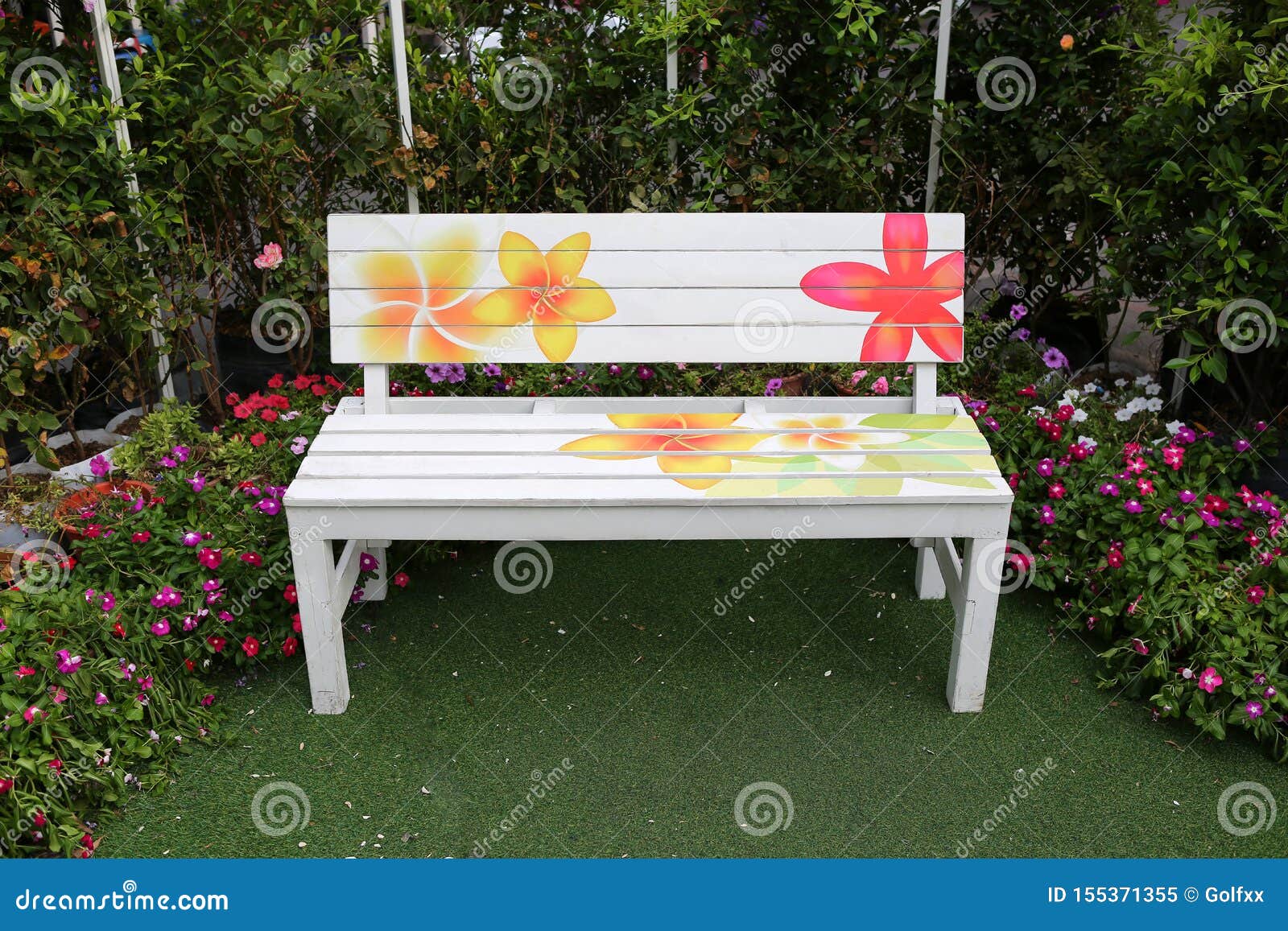 White Bench in the Garden - Wooden Bench in the Garden Stock Image ...