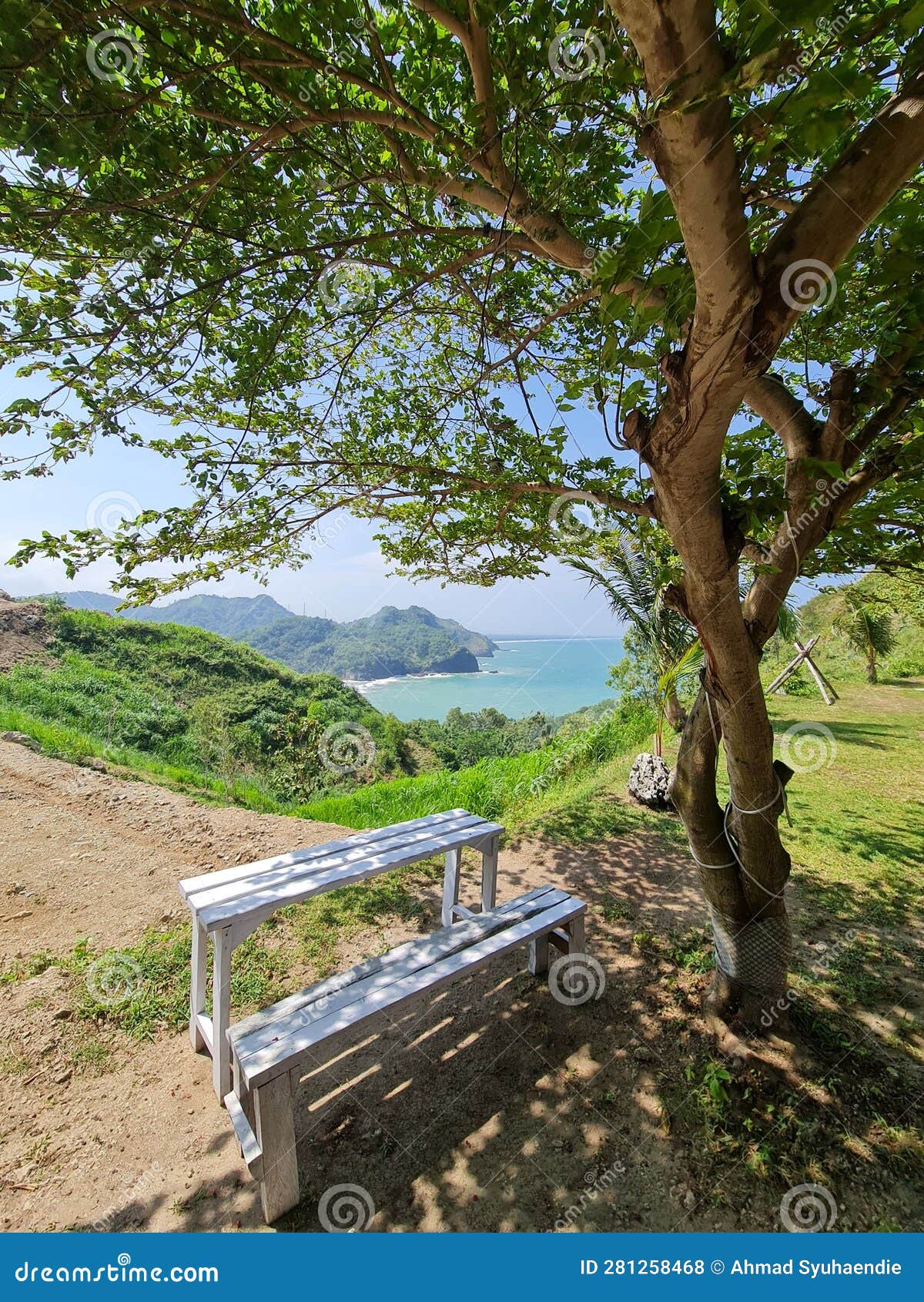 White Bench for Relaxing by the Cliff with Ocean View Stock Photo ...