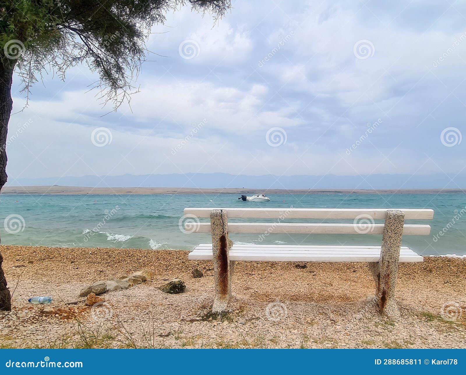 White Bench with Seaview stock image. Image of bench - 288685811