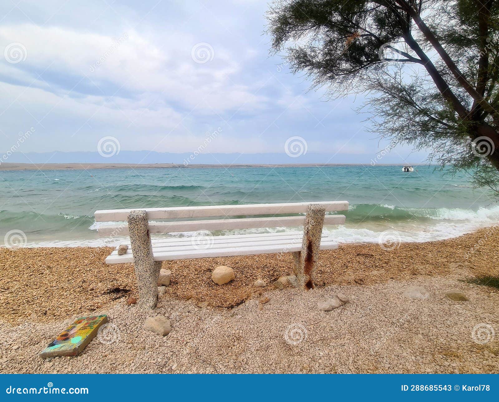 White Bench with Seaview stock image. Image of sand - 288685543