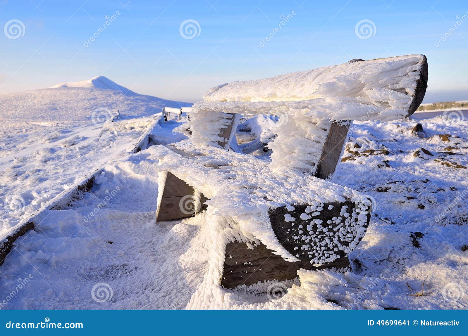 Snowy bench stock image. Image of trekking, snow, winter - 49699641
