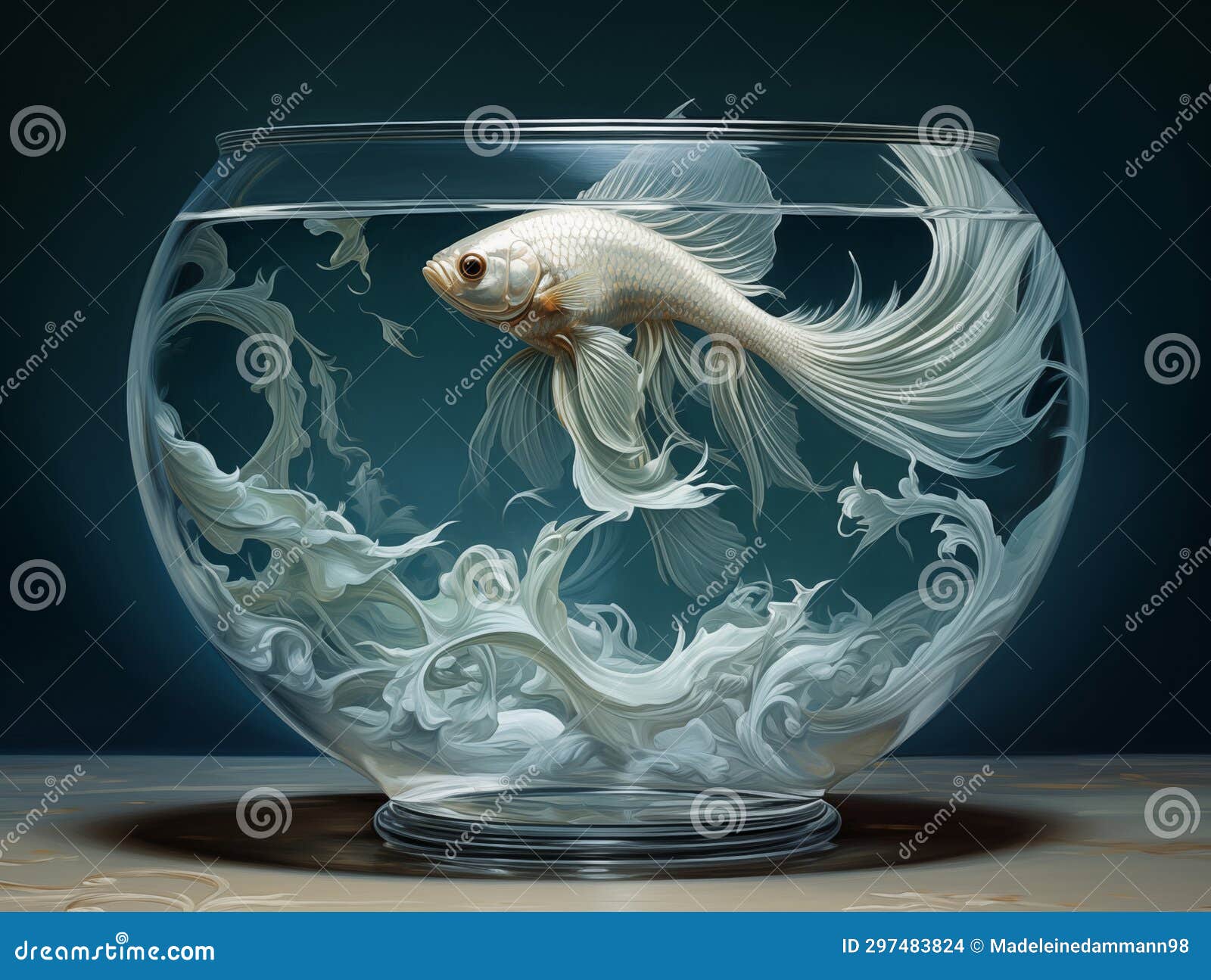 White Betta Fish in a Fish Bowl, Decorative Elegant Art Illustration ...