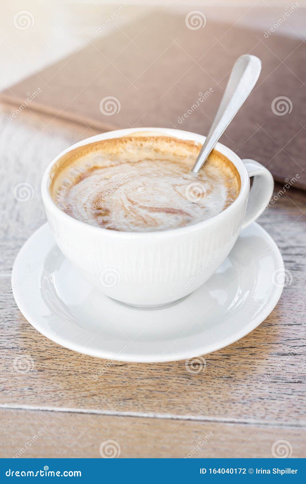 White Big Cup of Delicious Coffee on Wooden Table in Sunlight. Stock ...