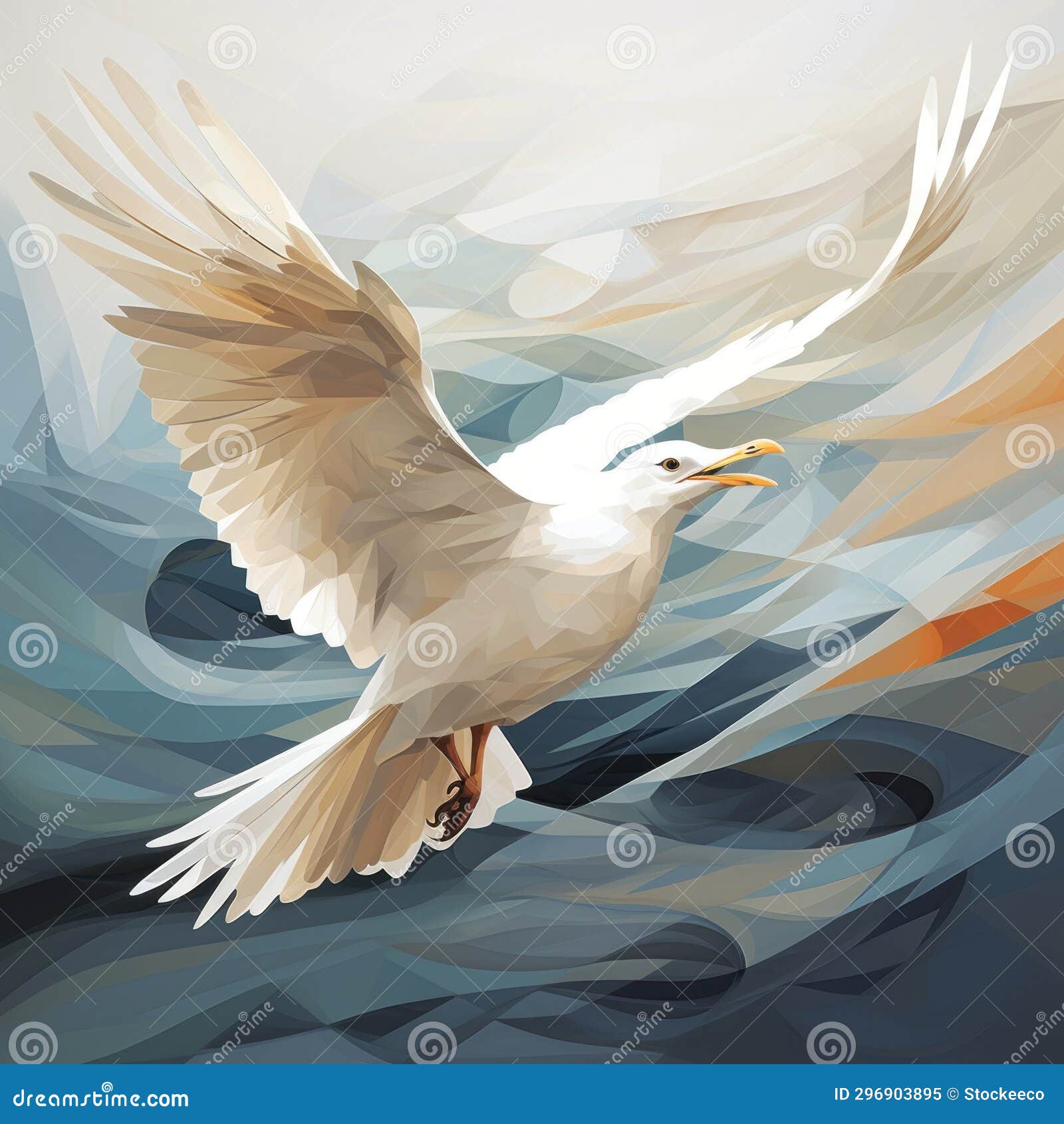 Dynamic Cubism White Dove Soaring Over Water with Abstract Seagull ...