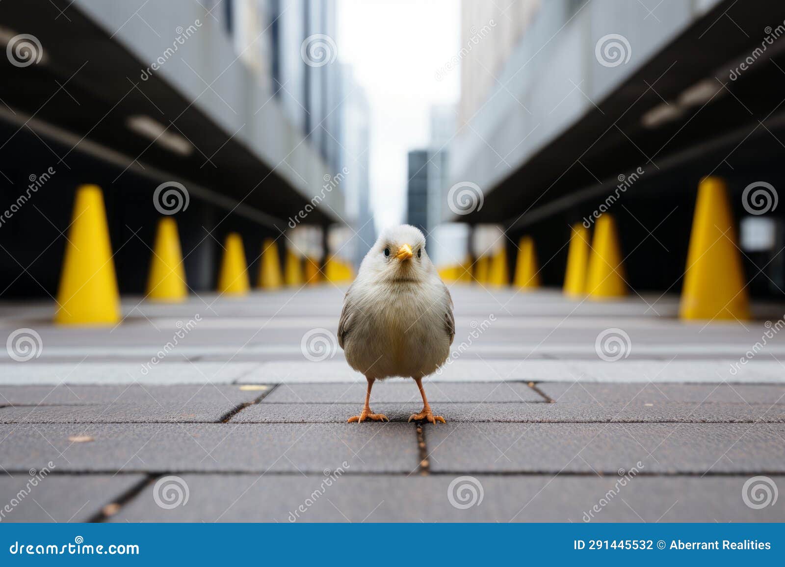 A White Bird Standing on a Sidewalk in Front of Yellow Cones Stock ...