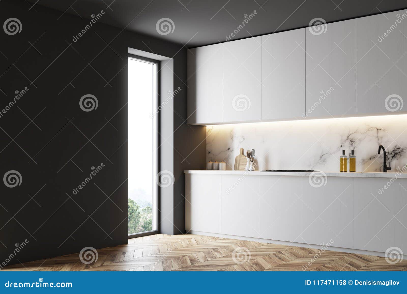 White and Black Counterops in Kitchen Side View Stock Illustration ...